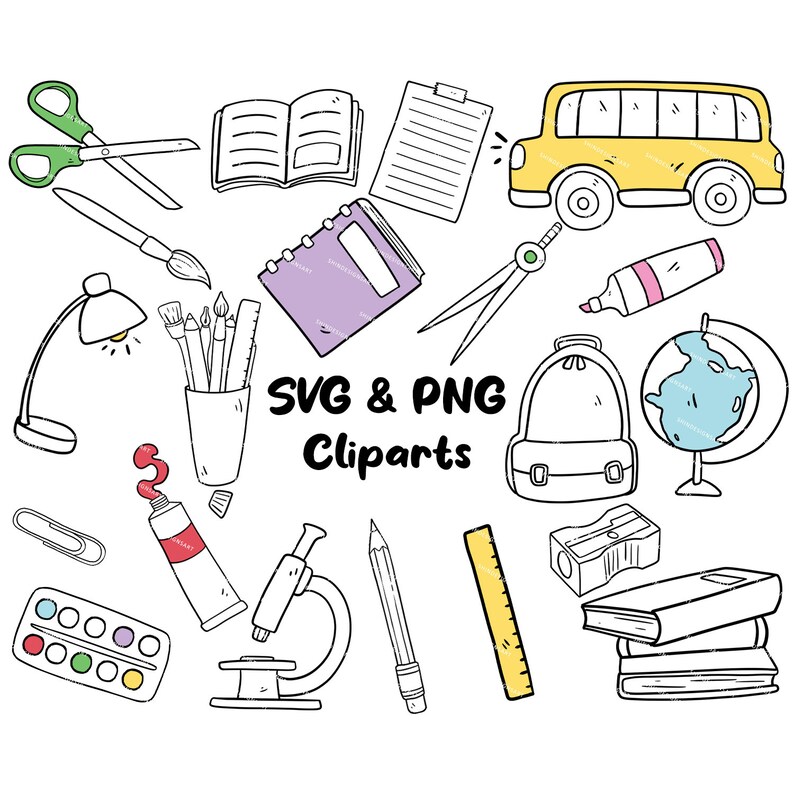 SVG & PNG School Doodle Cliparts, School Line Art Drawings, High ...