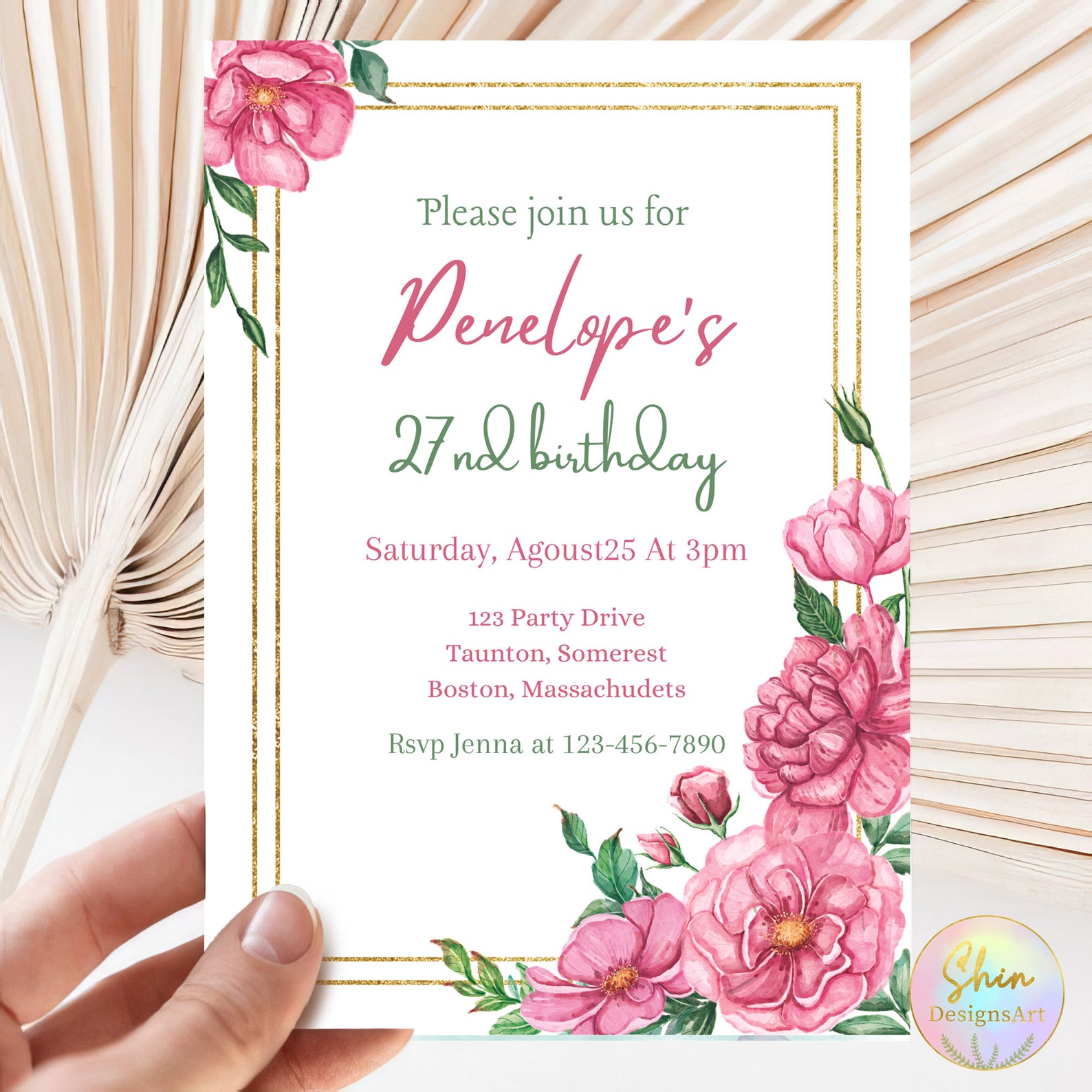 Watercolour Flowers Birthday Invitation Card, Girl's Pink Roses Flower ...