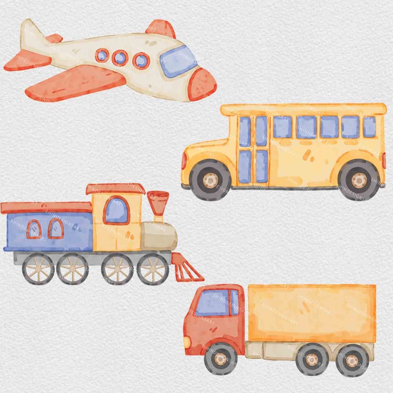 Watercolor Transportation Clipart: PNG Vehicle Graphics (digital ...