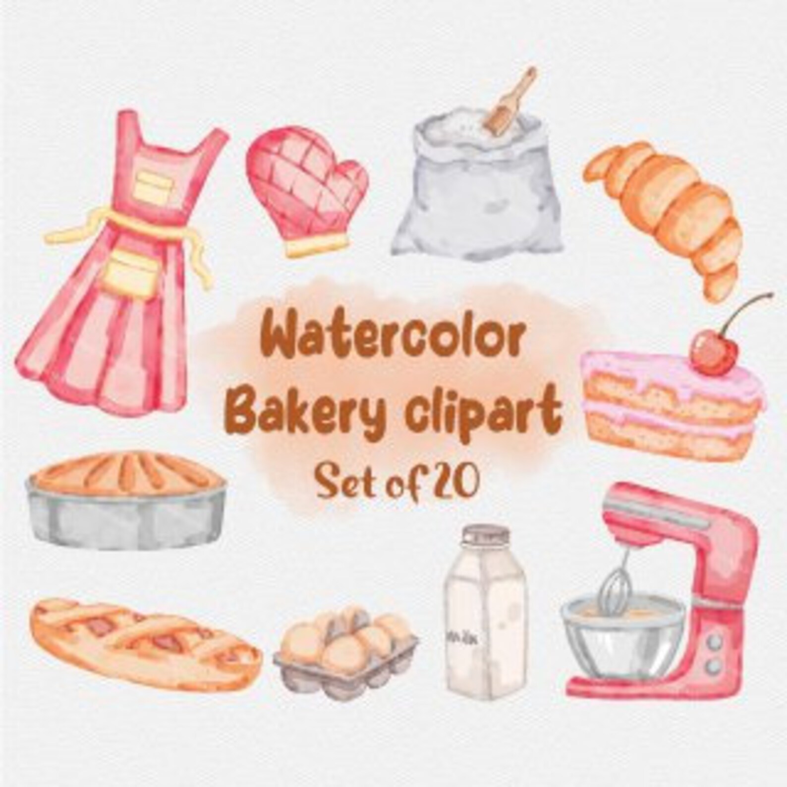Watercolor Bakery Cooking Cliparts, PNG Baking Kitchen Bundle, Global ...