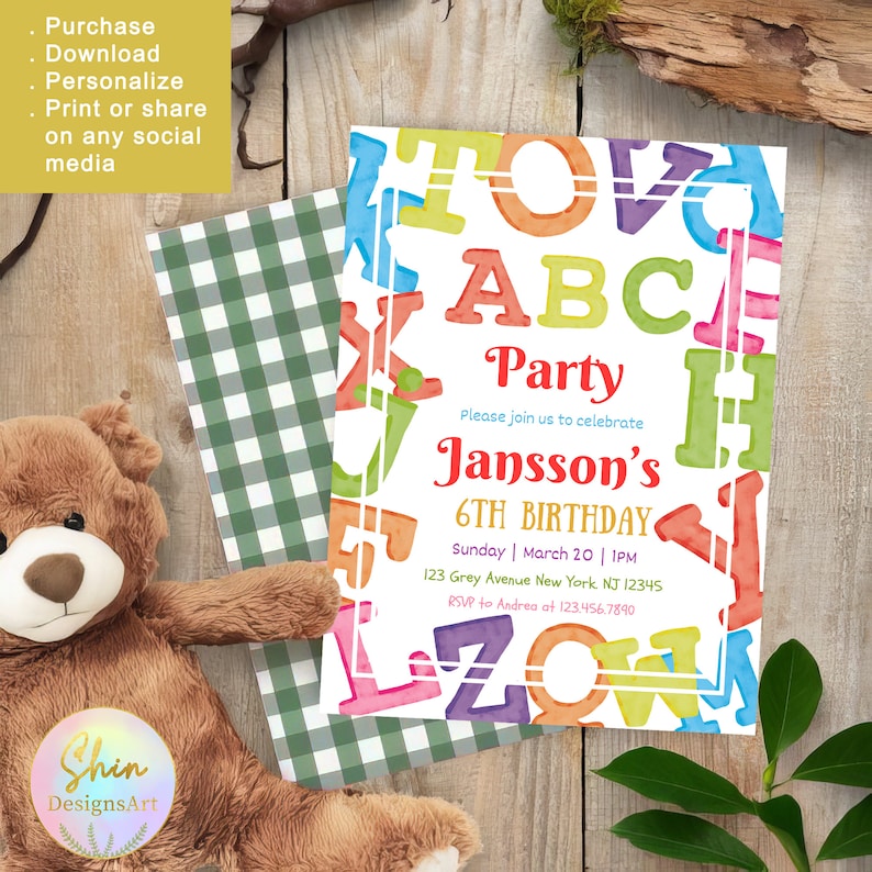 Editable Alphabet Birthday Invite, Digital Invitation Template, ABC ...