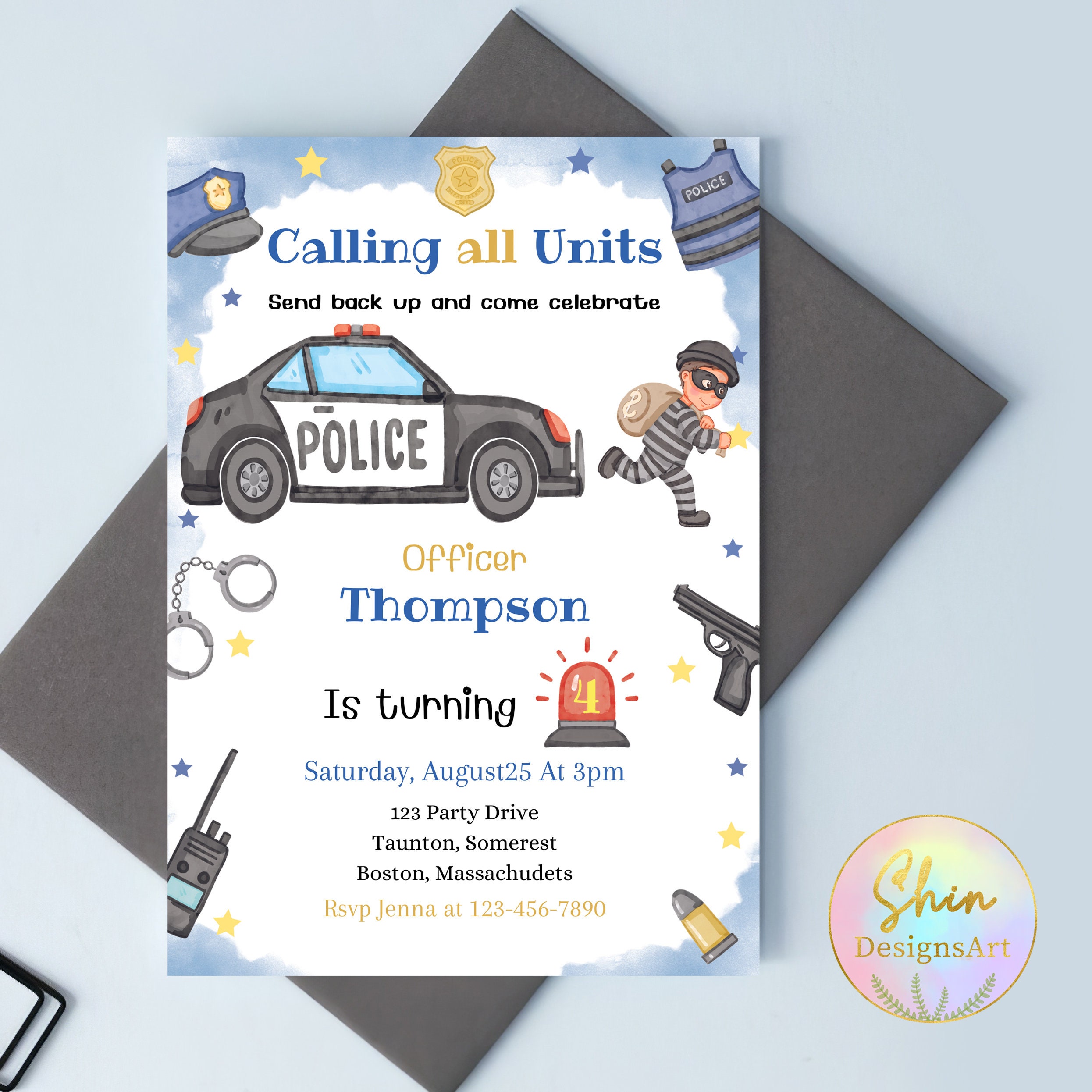 Watercolor Police Invitation Card, Police Officer Party Invite ...