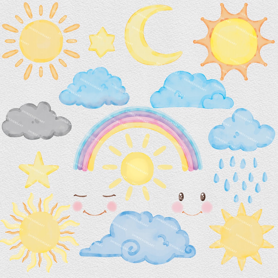 Watercolor Sun, Moon, Cloud Clipart, PNG Weather Clip Art Nursery High ...
