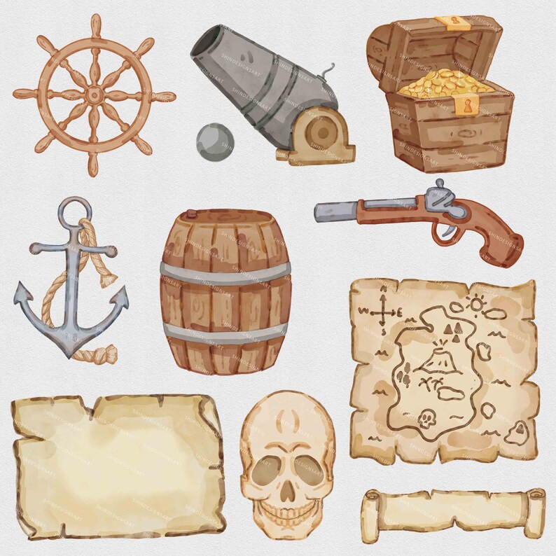 Sea Pirate Clipart Bundle, Watercolor Adventure Cartoon Style Clip Art ...