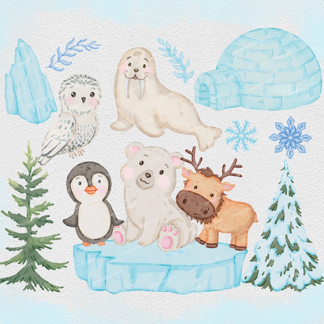 Watercolor Winter Animals Clipart Bundle, Cute Arctica Animal Clip Art ...