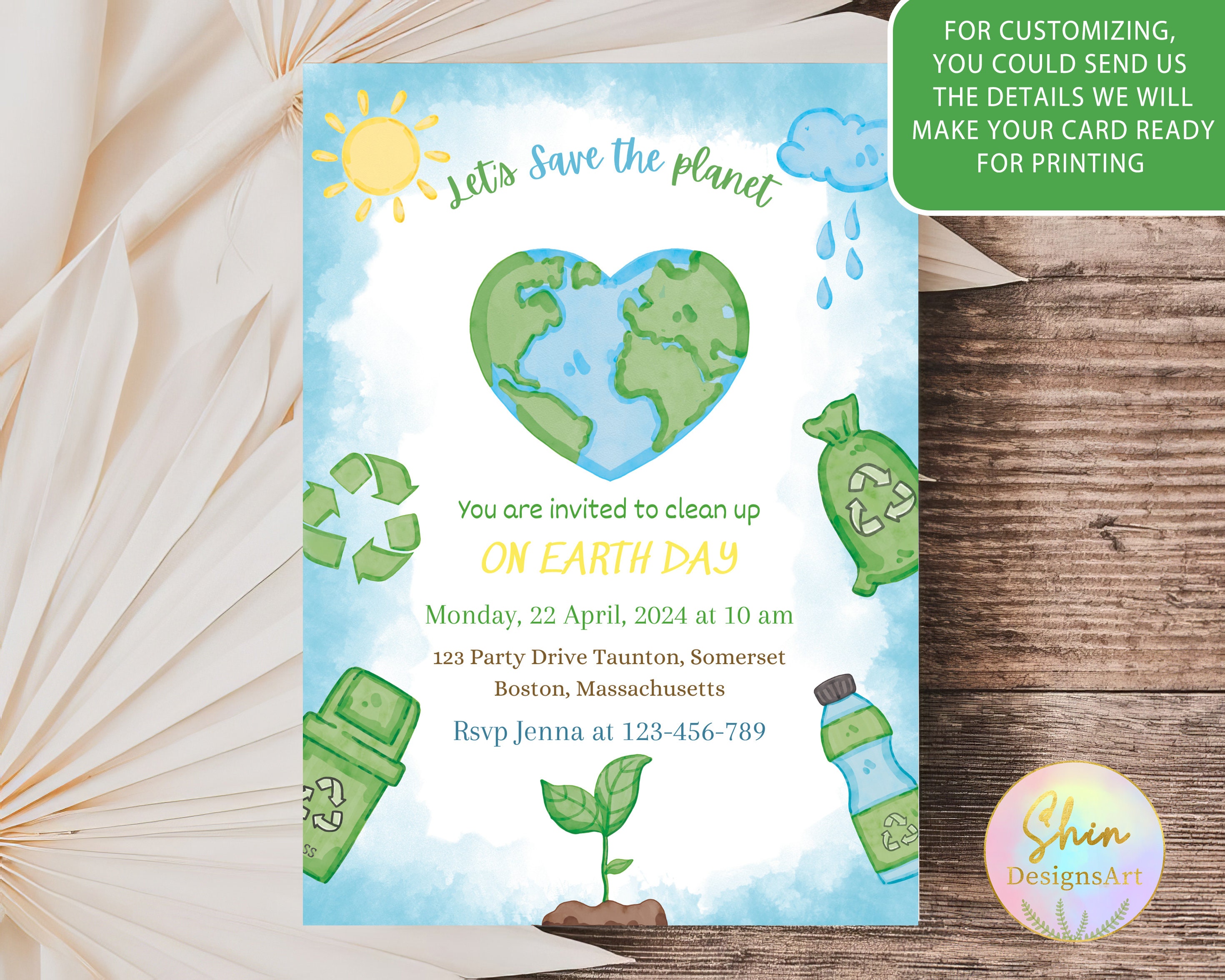 Watercolor Earth Day Invitation: Customizable Template (5x7 Inches ...