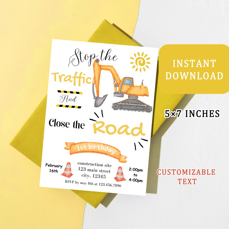 Construction Birthday Invitation Card, Editable Excavator Party, Big ...