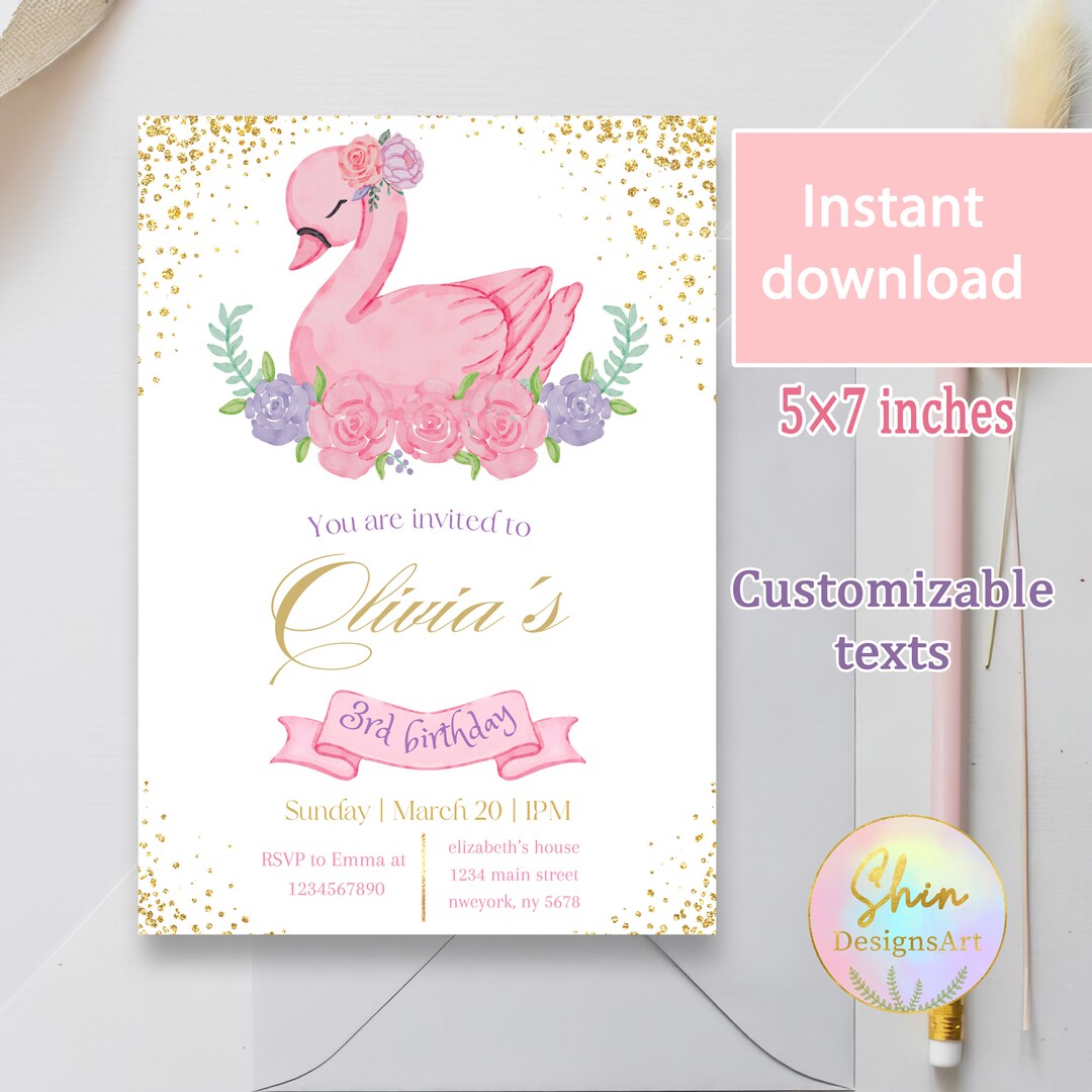 Editable Swan Invitation Card, Girl's Birthday Party Invite, Easy ...
