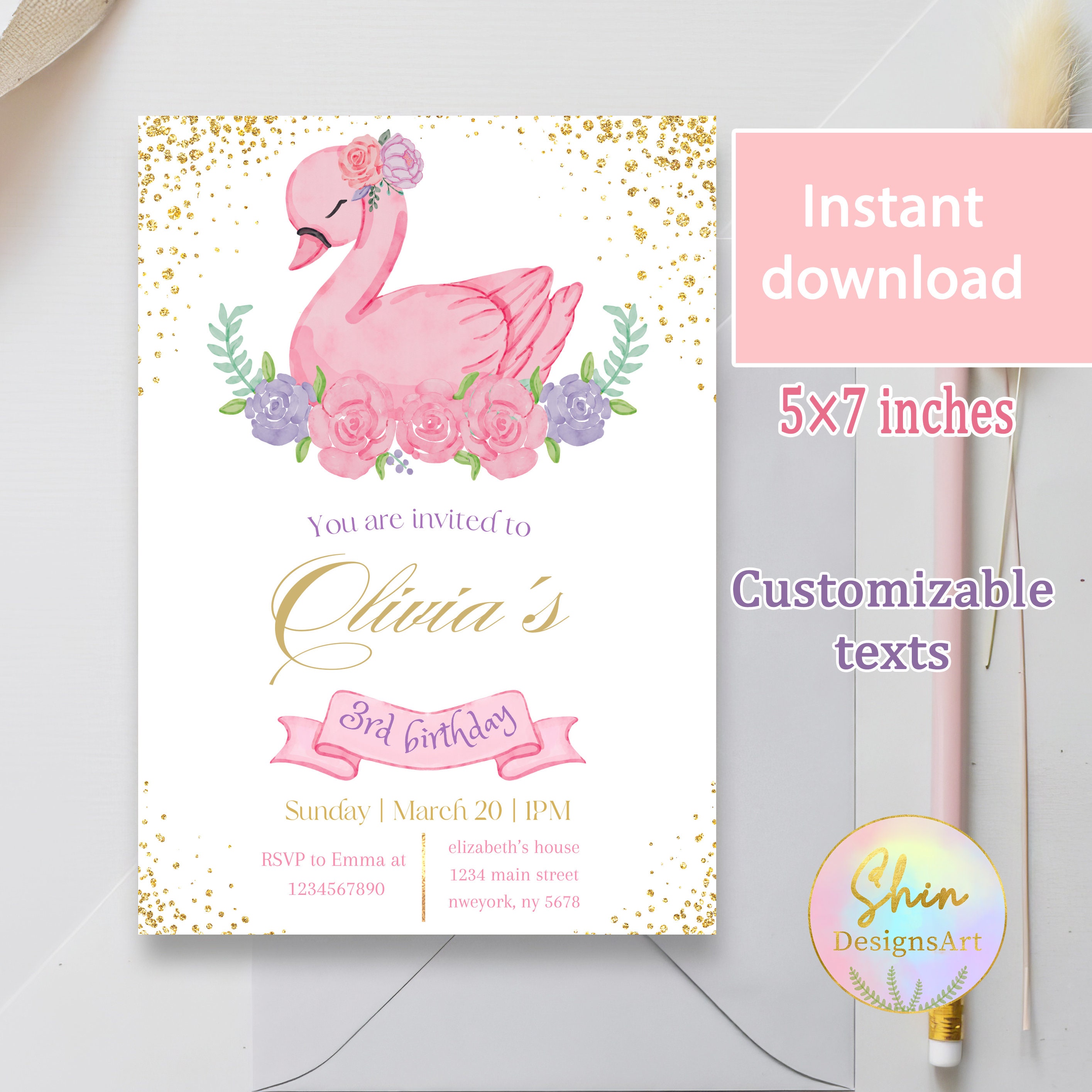 Editable Swan Invitation Card, Girl's Birthday Party Invite, Easy ...