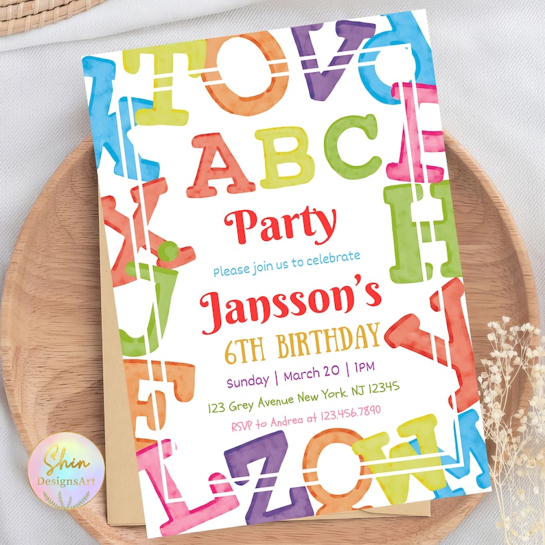 Editable Alphabet Birthday Invite, Digital Invitation Template, ABC ...