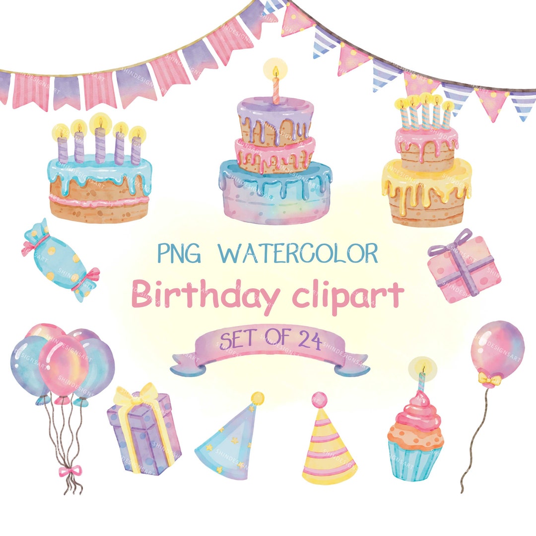 Watercolor Birthday Clipart Collection, Girl Birthday PNG Design, Cake ...