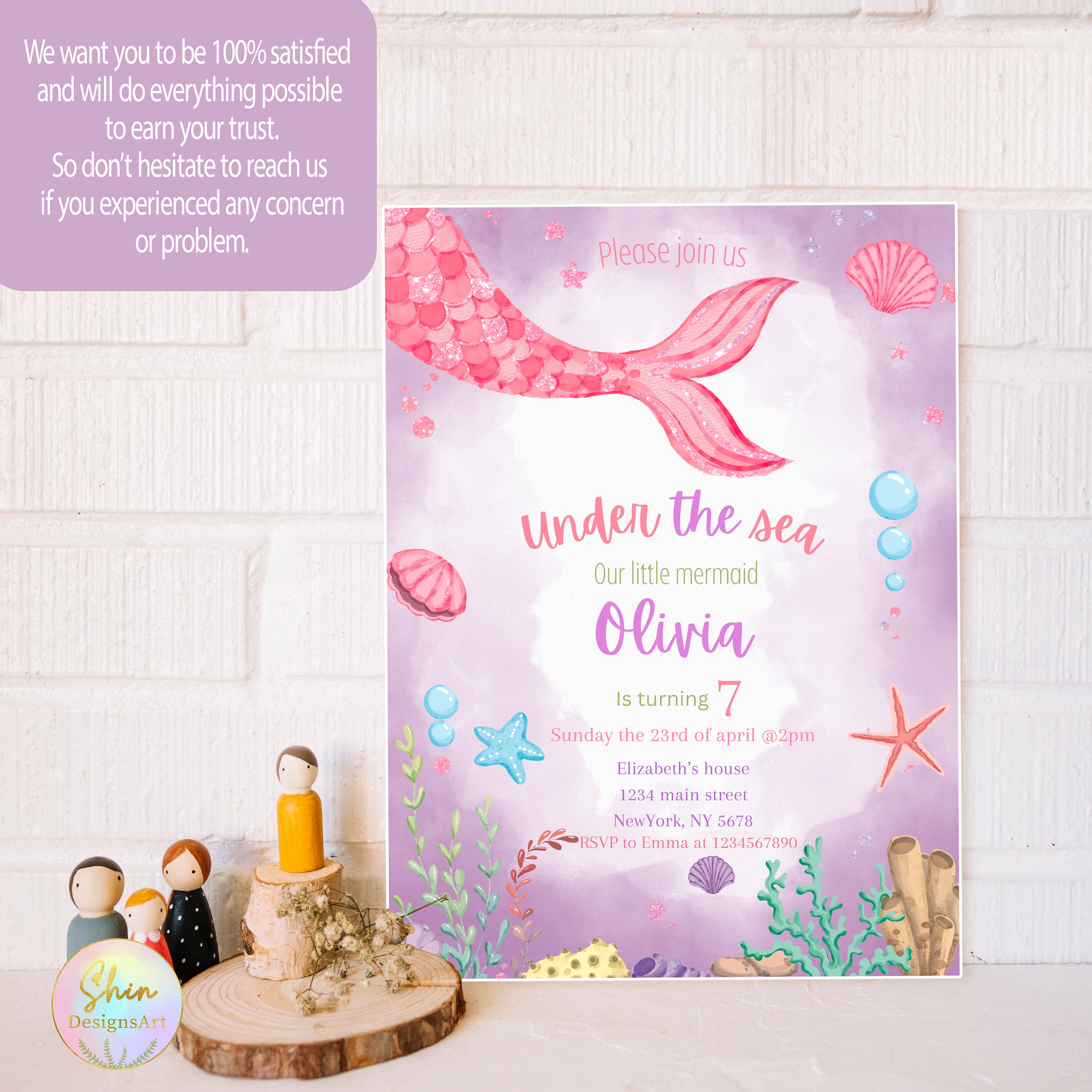 Mermaid Tale Birthday Invitation Card, 7th Birthday Party, Under the ...