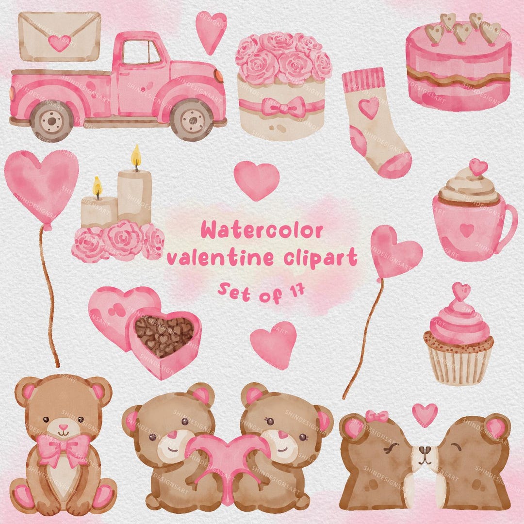 Watercolor Valentines Clipart Bundle, Cute Valentines Clip Art, Pink ...