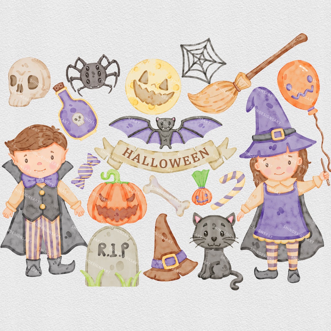 Cute Halloween Clipart Bundle, Watercolor Happy Halloween Clip Art ...