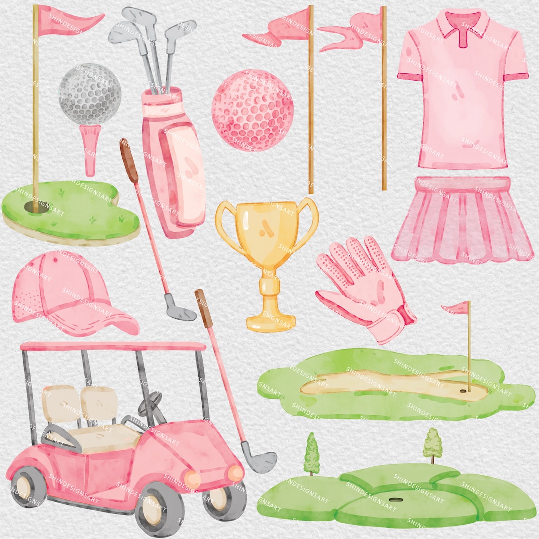 Pink Golf Clipart: Watercolor Girly Golfer Set (PNG, Transparent ...