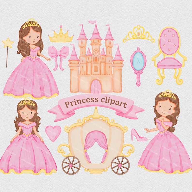 Watercolor Princess Clipart Bundle: Pink Castle Graphics (PNG, Digital ...