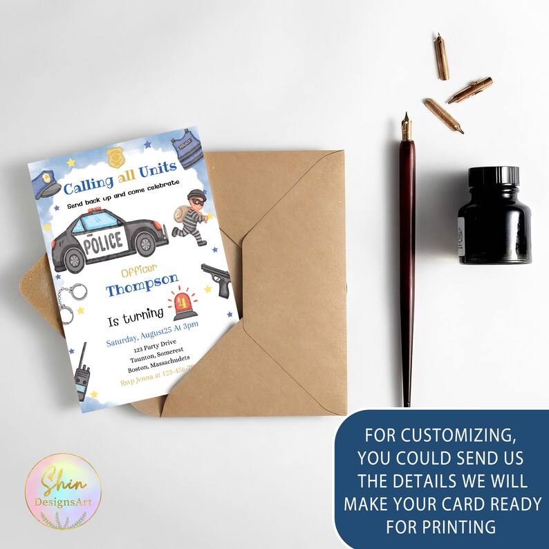 Watercolor Police Invitation Card, Police Officer Party Invite ...