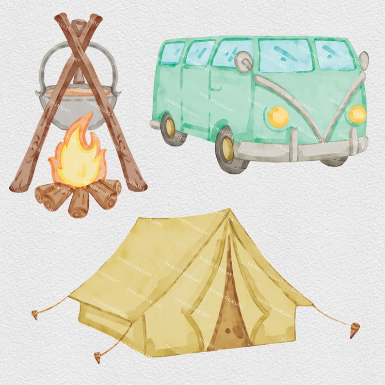 Watercolor Camping Clipart, Outdoor Clip Art Png, Family Vacation Trip ...