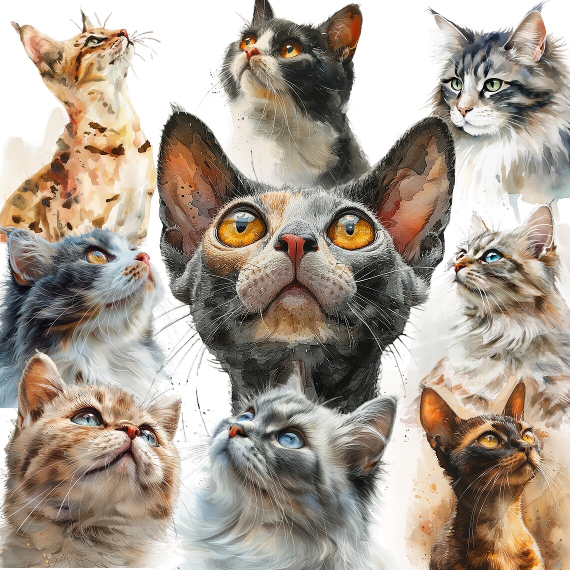 340 Cat Stickers Clipart Bundle, Watercolor Cats Clipart Sublimation ...