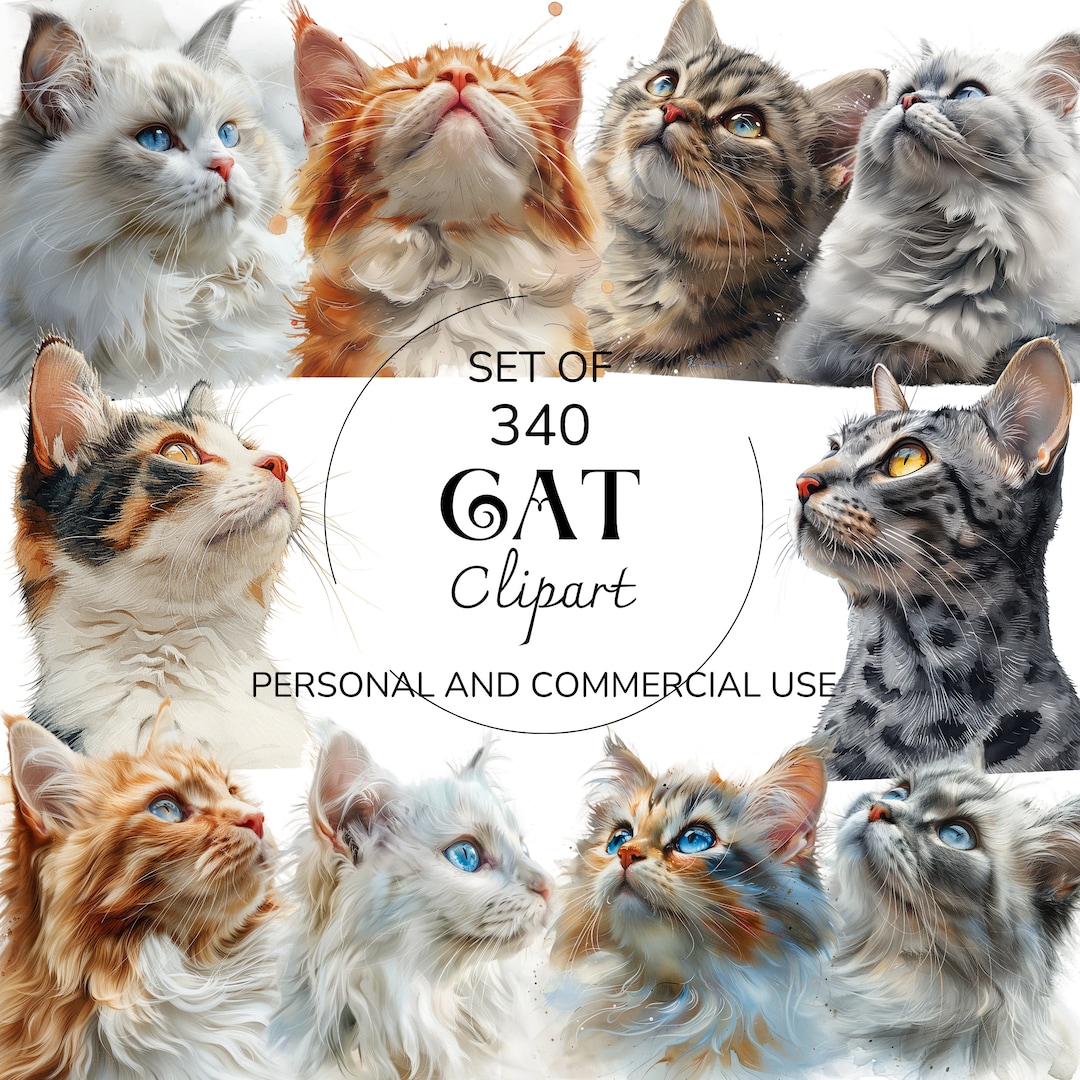 340 Cat Stickers Clipart Bundle, Watercolor Cats Clipart Sublimation ...