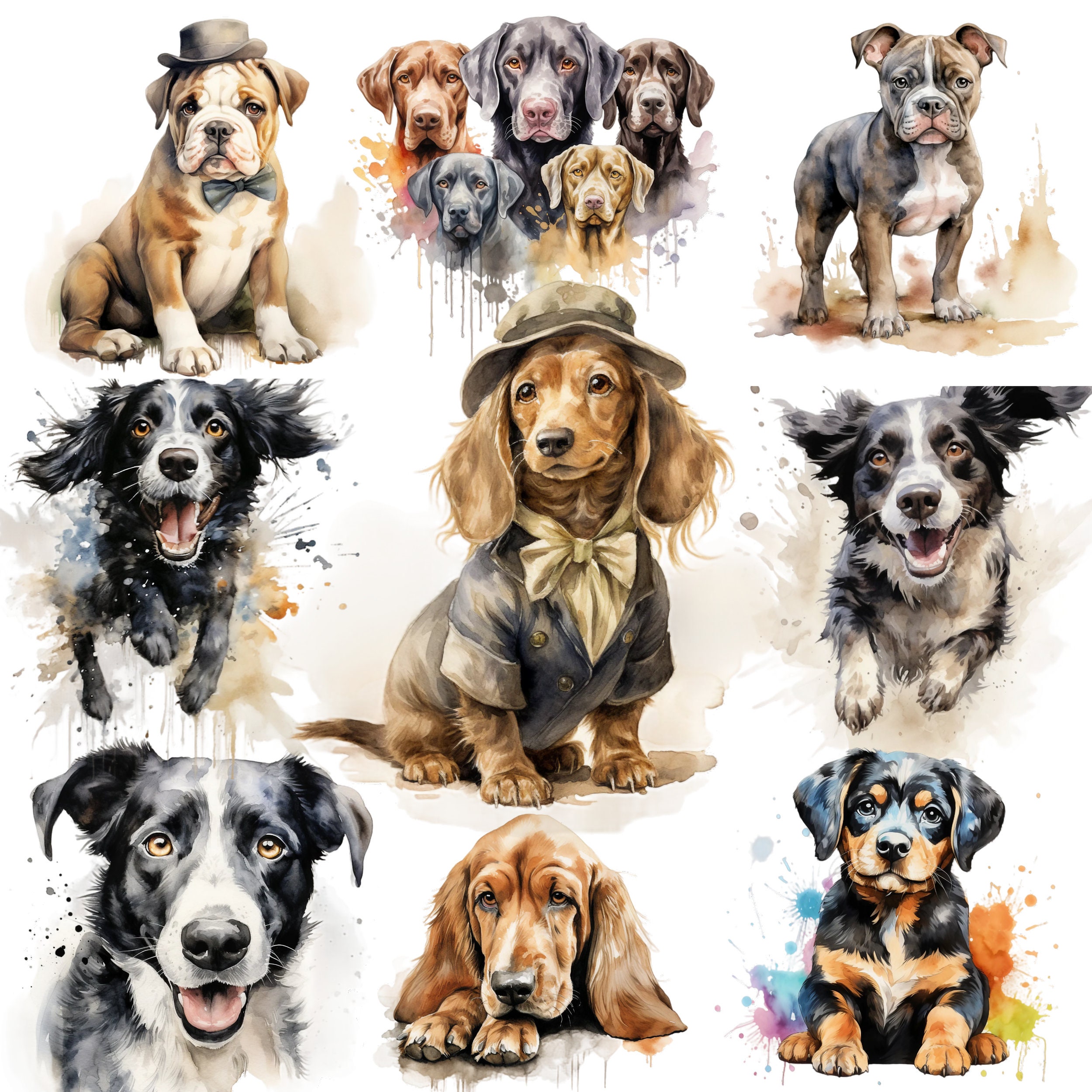 Big Bundle of Funny Watercolor Cartoon Dog PNG Clipart，clipart Image ...