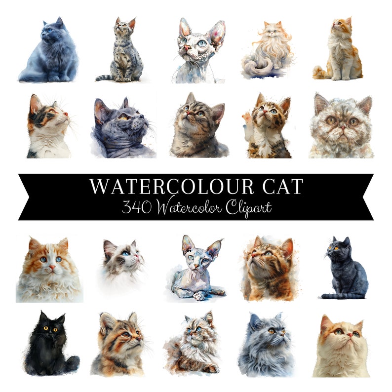 340 Cat Stickers Clipart Bundle, Watercolor Cats Clipart Sublimation ...
