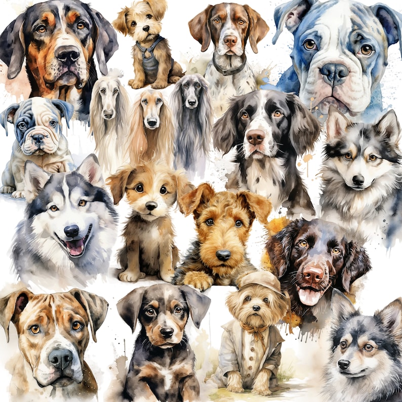 Big Bundle of Funny Watercolor Cartoon Dog PNG Clipart，clipart Image ...