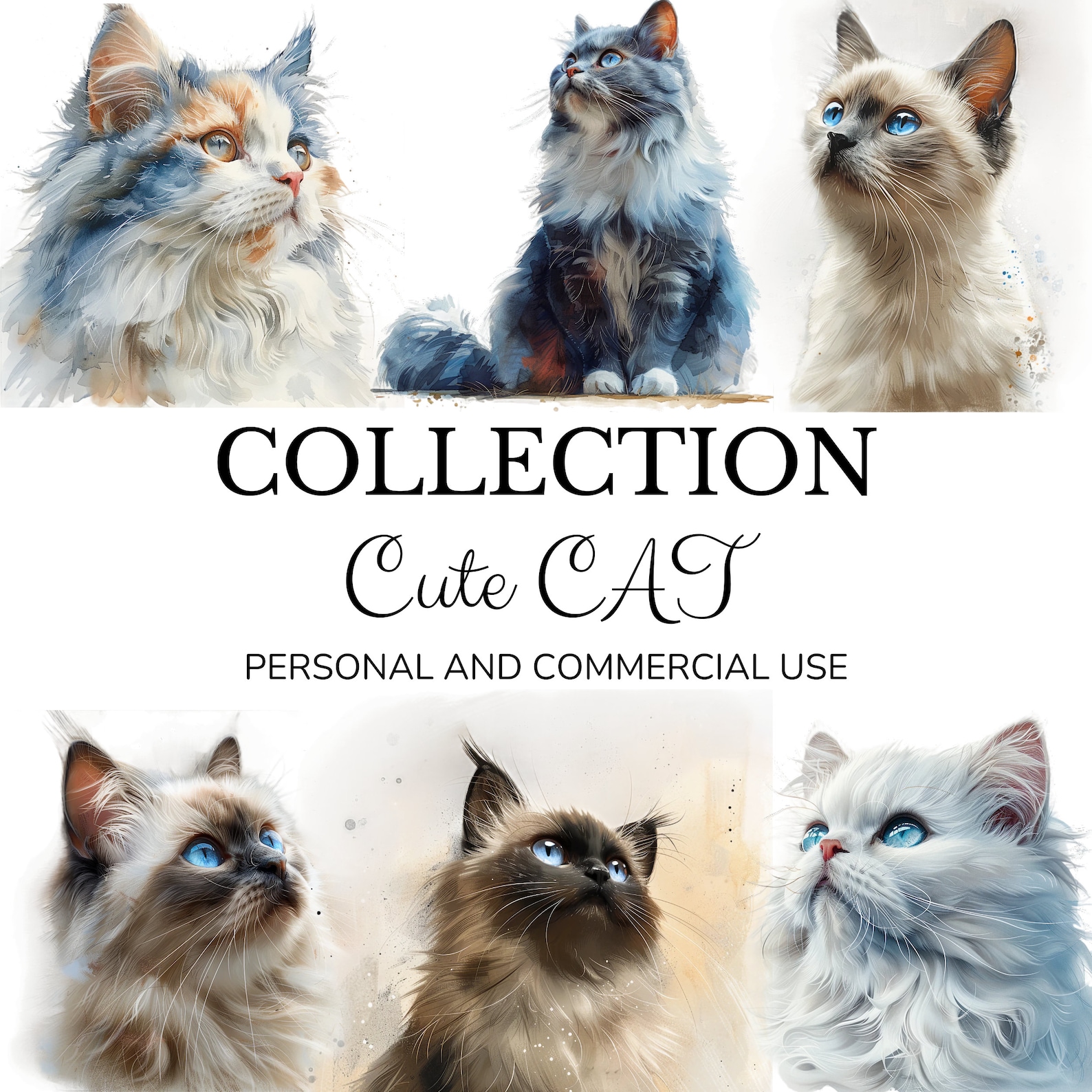 340 Cat Stickers Clipart Bundle, Watercolor Cats Clipart Sublimation ...