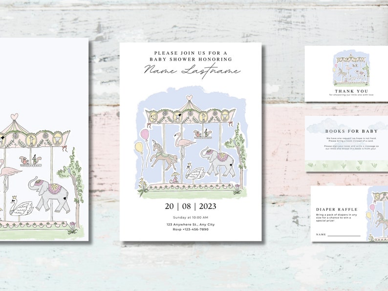 Editable Hand Illustrated Merry Go Round Light Blue Carousel Gender ...