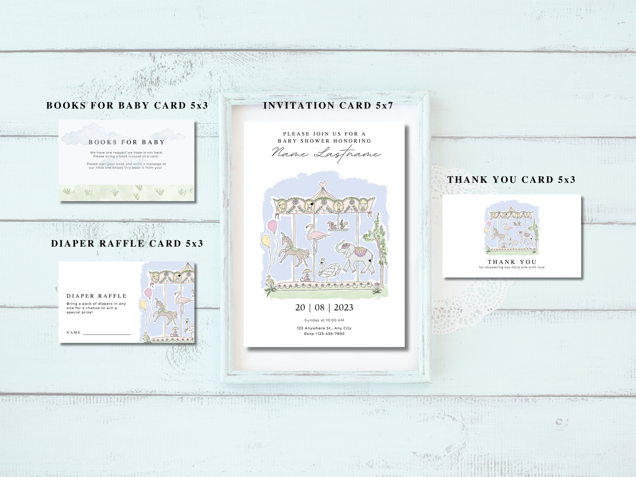 Editable Hand Illustrated Merry Go Round Light Blue Carousel Gender ...