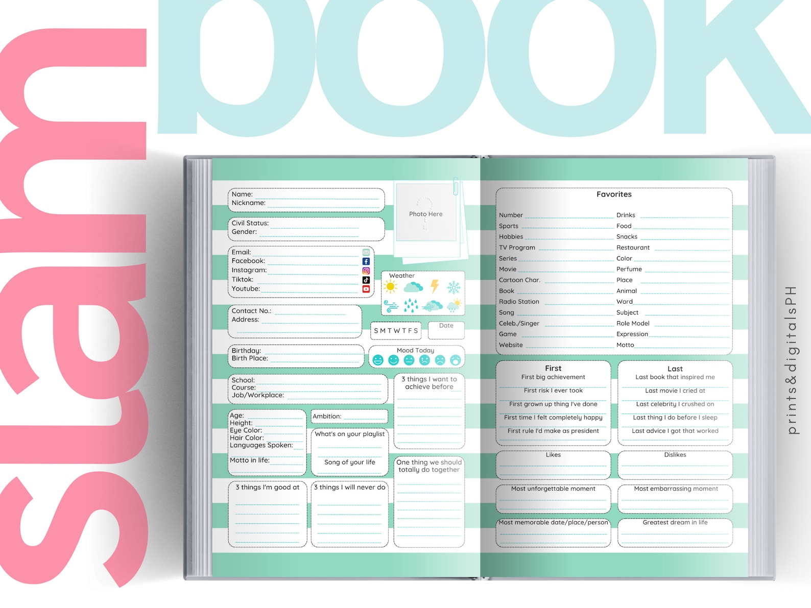 Slam Book for College Students and Adults - Stripe Design, Mint Green ...