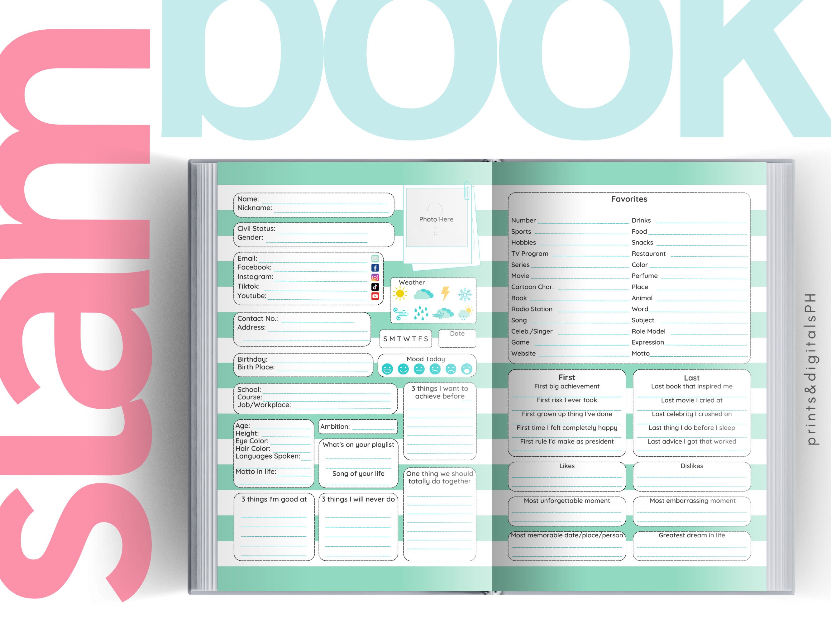 Slam Book for College Students and Adults - Stripe Design, Mint Green ...