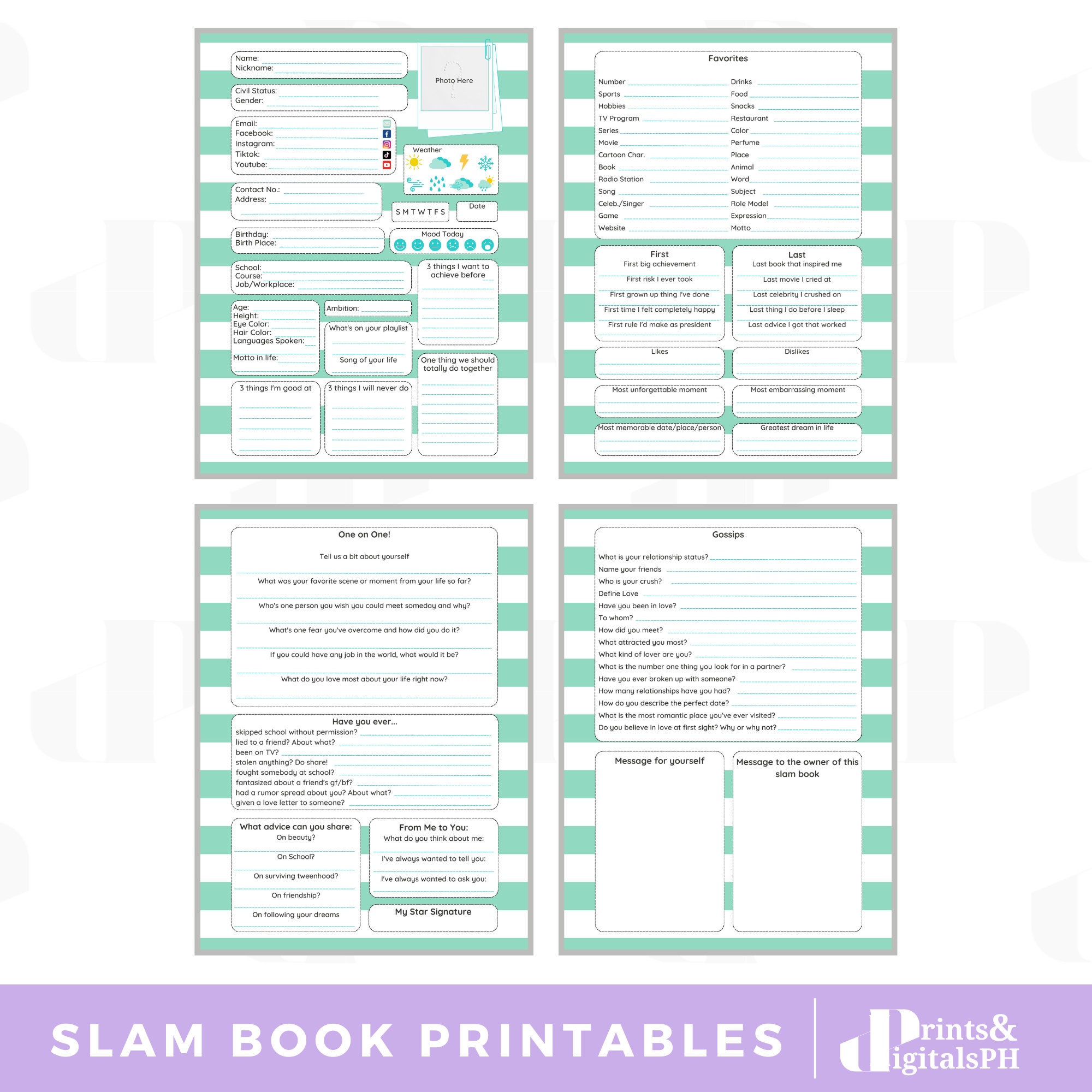 Slam Book for College Students and Adults - Stripe Design, Mint Green | PDF | Printable ...