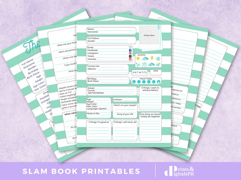 Slam Book for College Students and Adults - Stripe Design, Mint Green ...