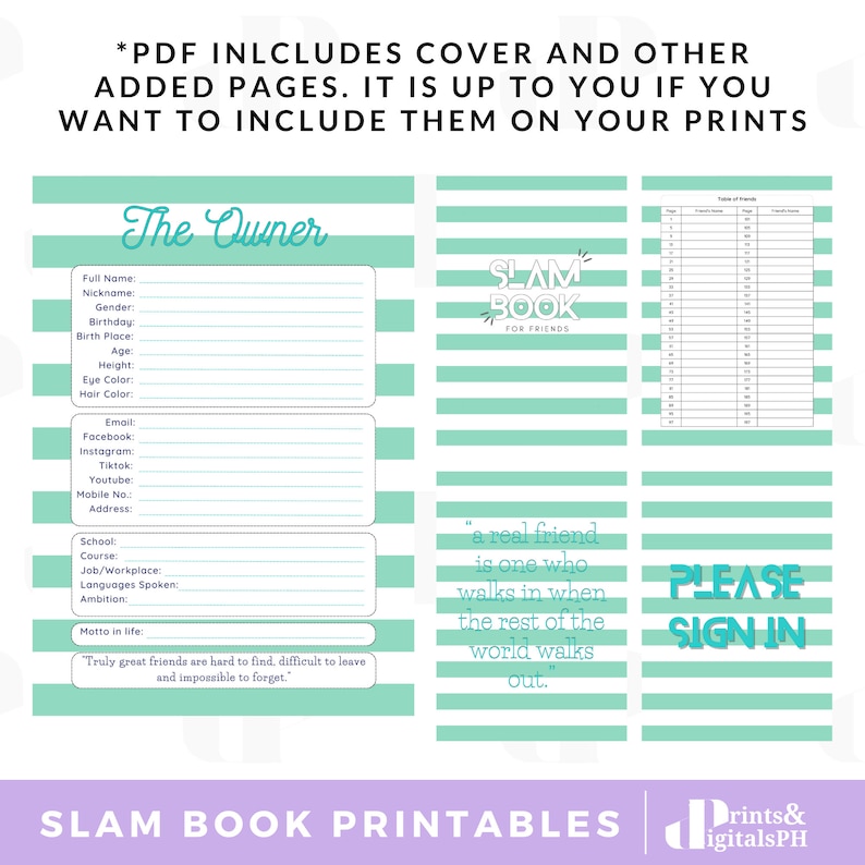 Slam Book for College Students and Adults - Stripe Design, Mint Green ...