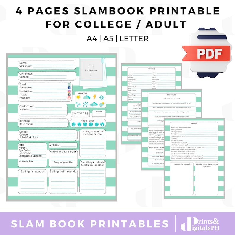 Slam Book for College Students and Adults - Stripe Design, Mint Green ...