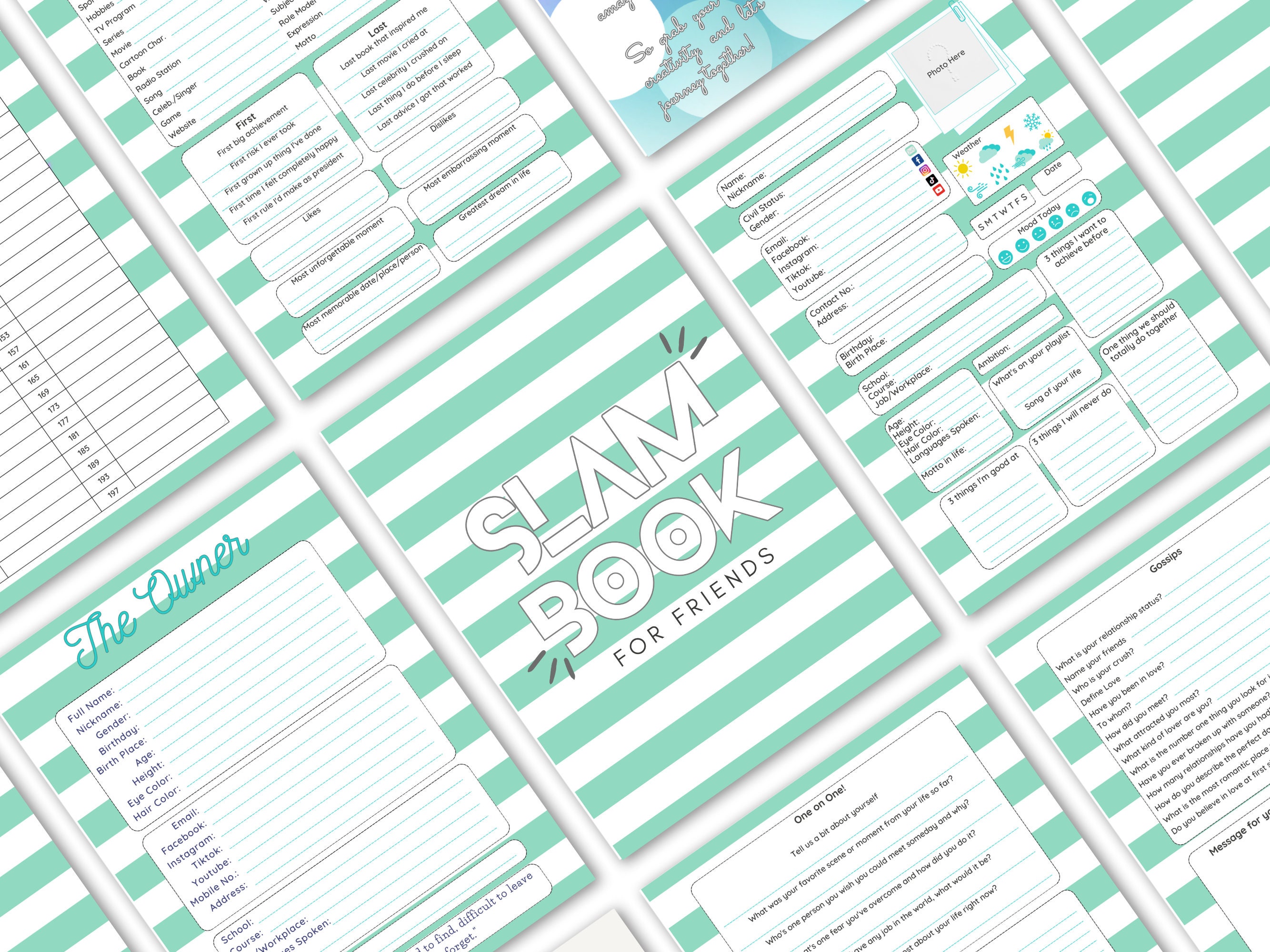 Slam Book for College Students and Adults - Stripe Design, Mint Green ...