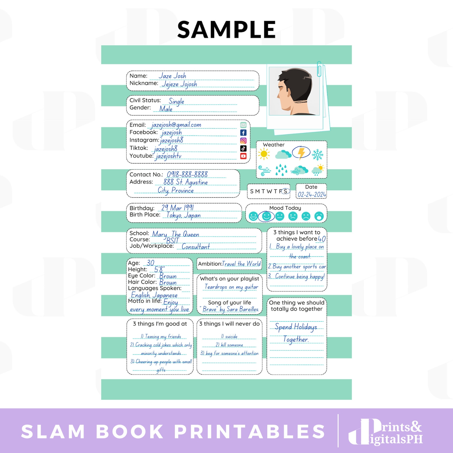 Slam Book for College Students and Adults - Stripe Design, Mint Green ...