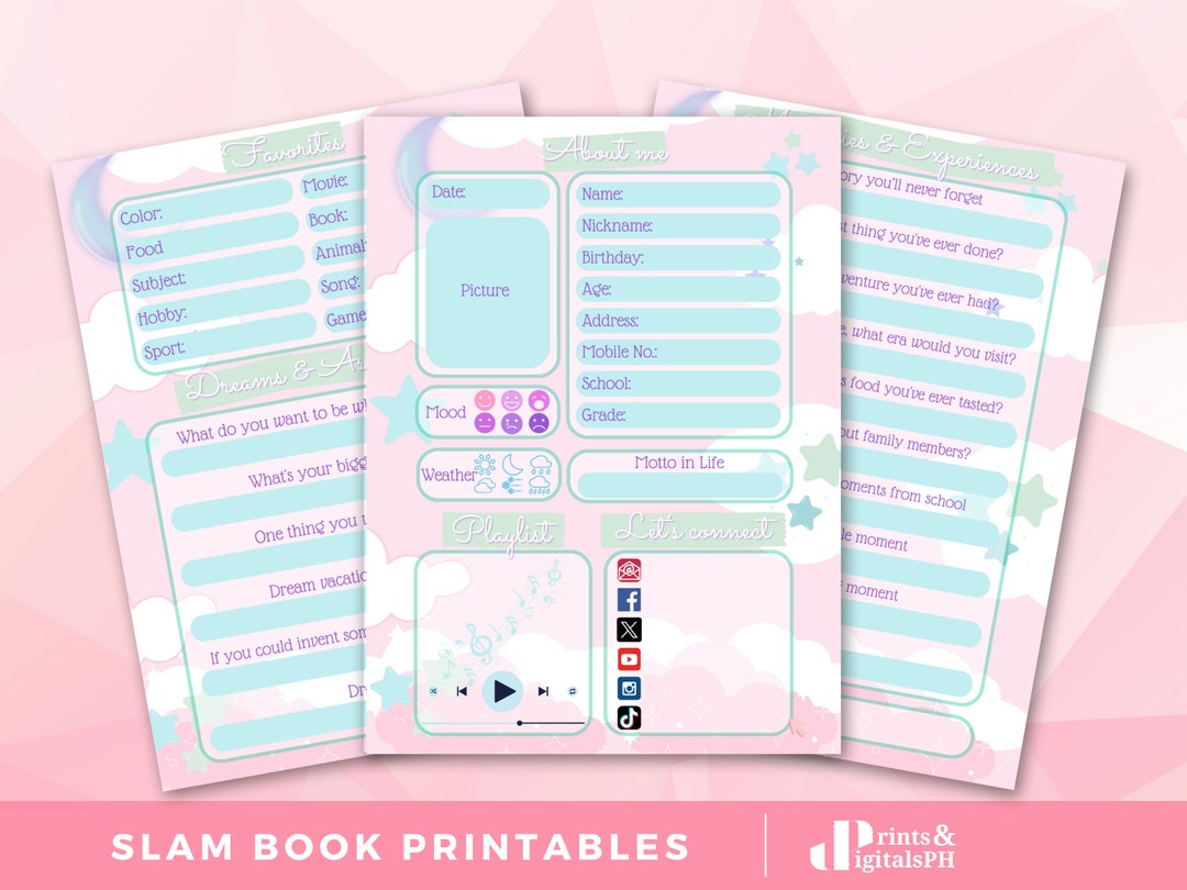 Slam Book for Friends Kids Edition Elementary Students - Cute Pink Purple Moon Clouds Stars ...