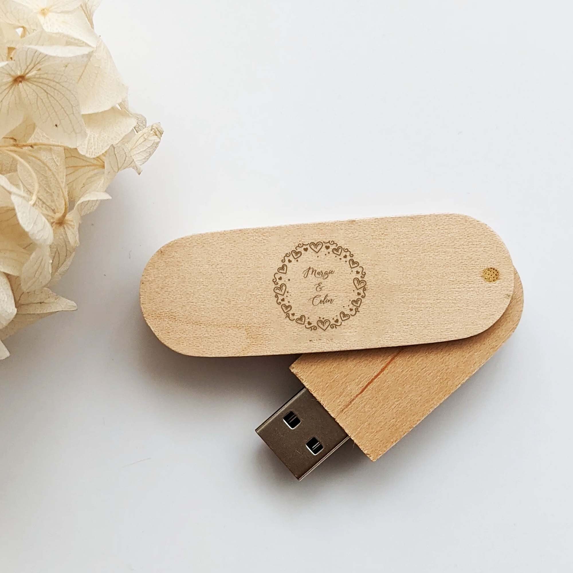 Rotating Wooden Engraved USB With Names and Date,custom Engraved Usb,personalized USB for ...