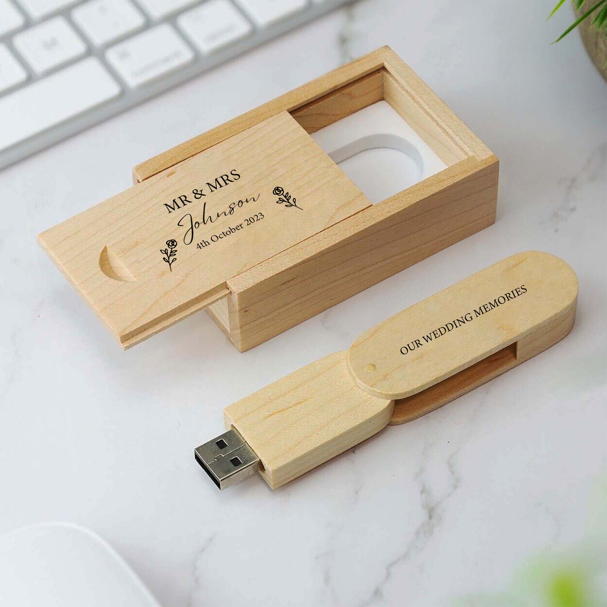 Rotating Wooden Engraved USB With Names and Date,custom Engraved Usb ...