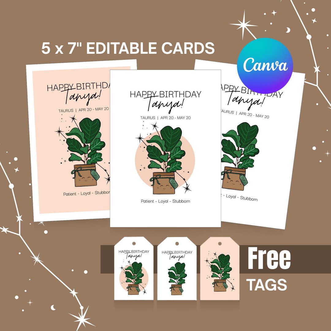 Horoscope Taurus Birthday Card & FREE Gift Tags | Editable Canva Design ...