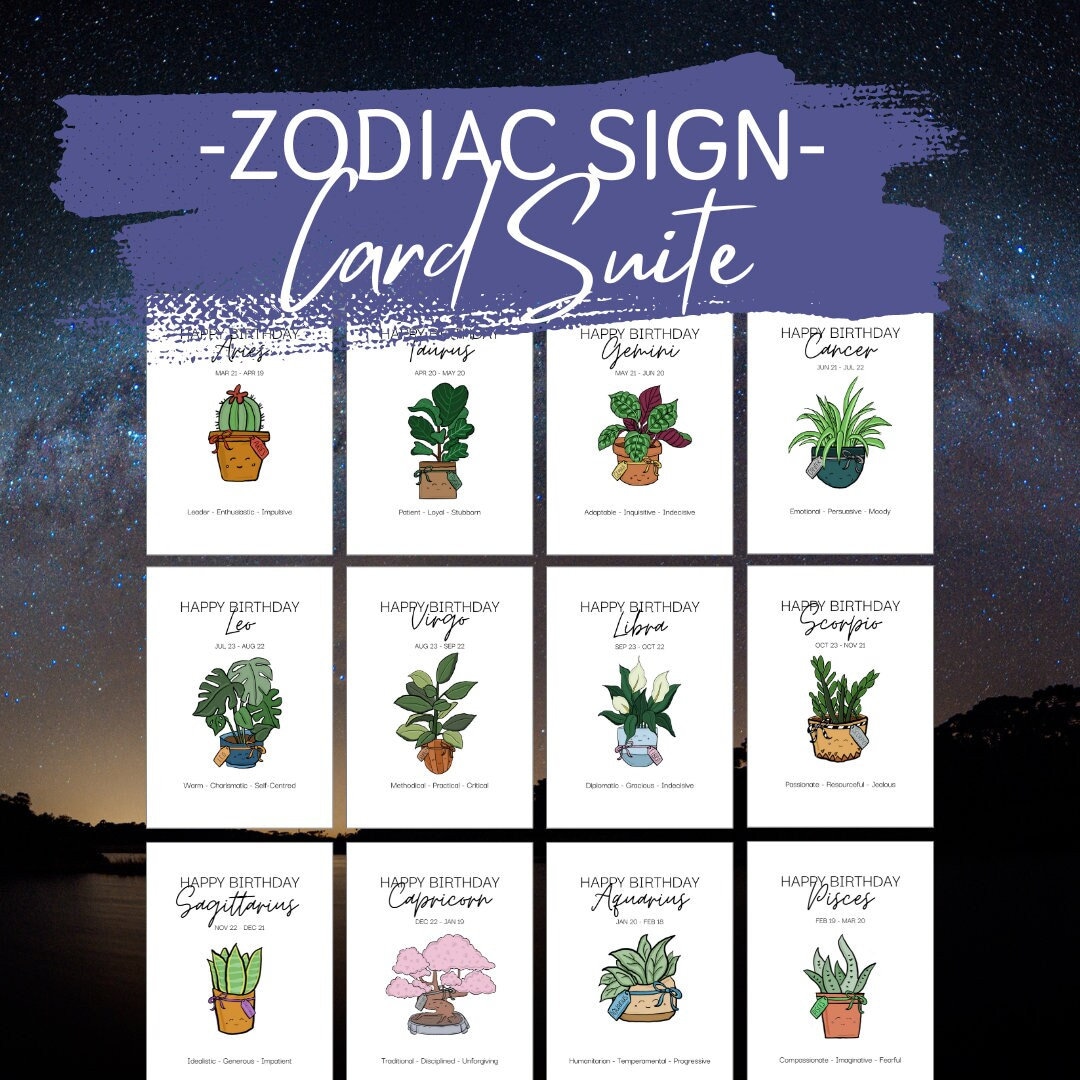 Printable Birthday Cards for Astrology Lovers, Set of 12 Horoscope ...