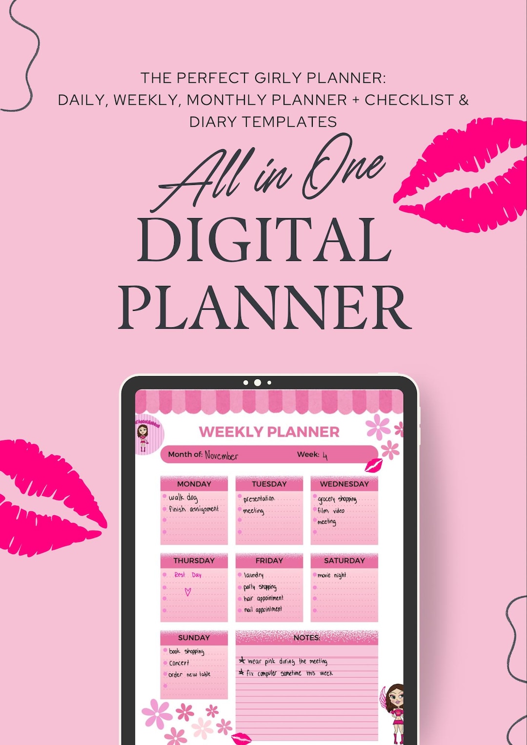 Pink Digital Planner | Daily, Weekly, Monthly Planner + Shopping ...