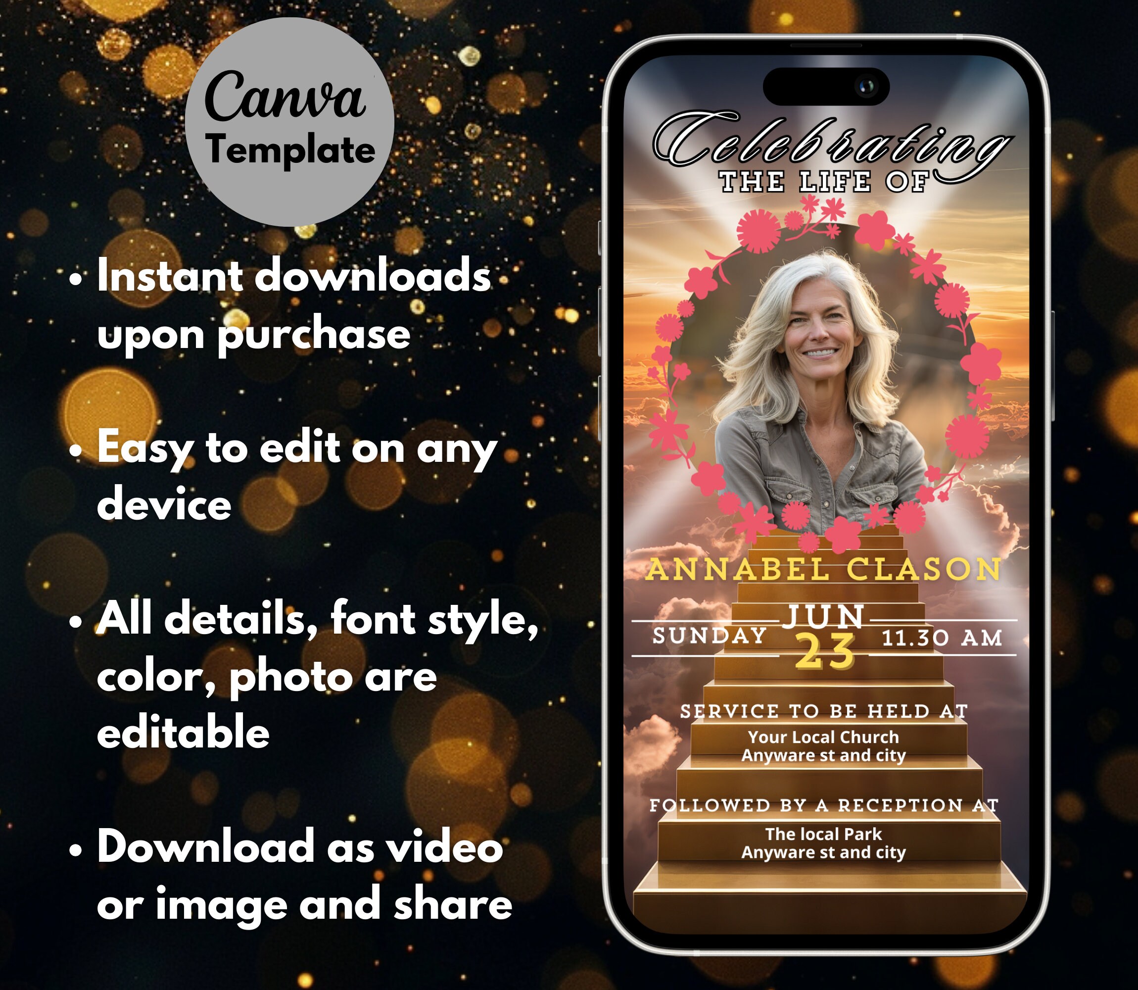 Digital Funeral Invitation, Electronic Funeral Announcement, Editable ...