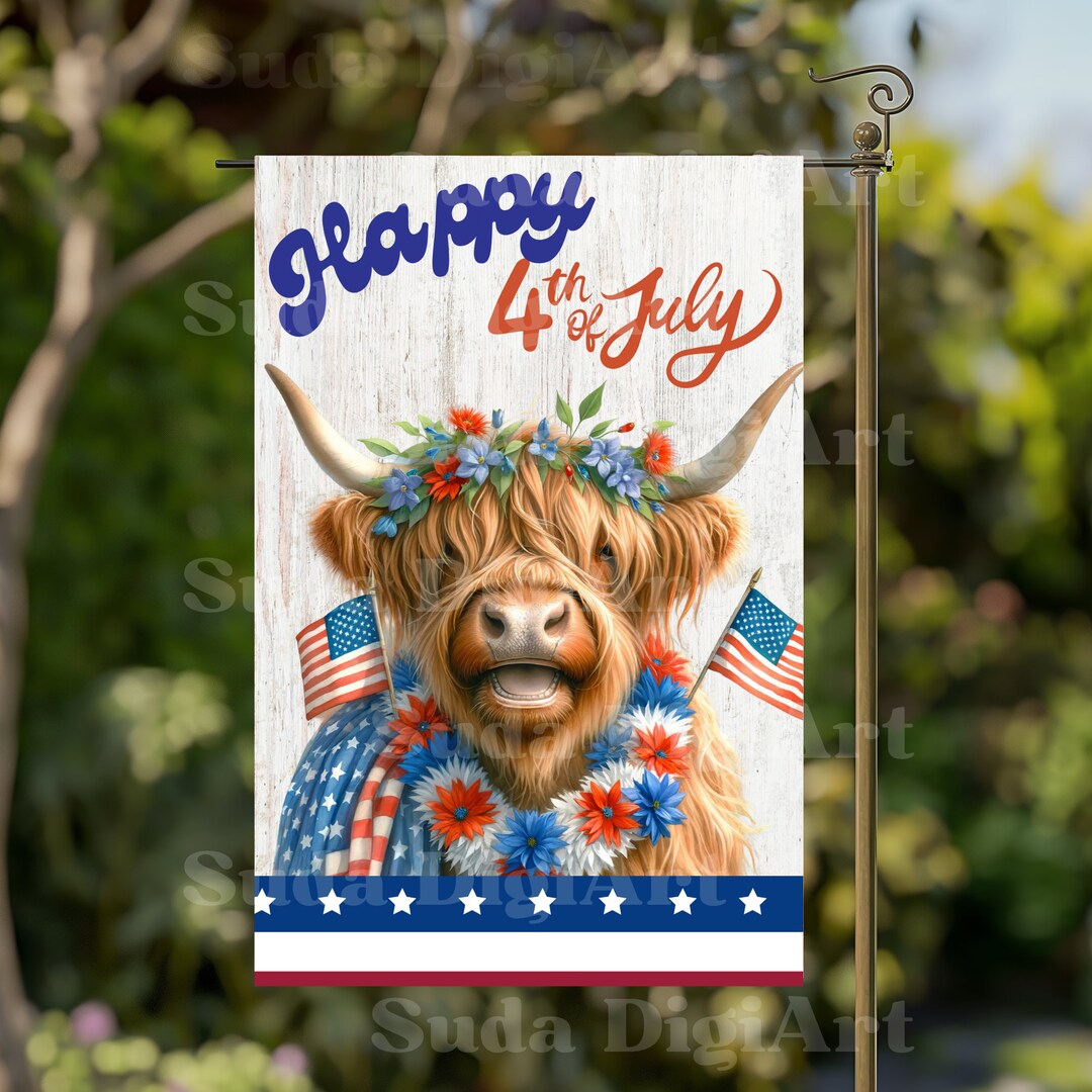 Happy 4th of July, Highland Cow Flag PNG, Cow Png, 4th of July Cow Png ...