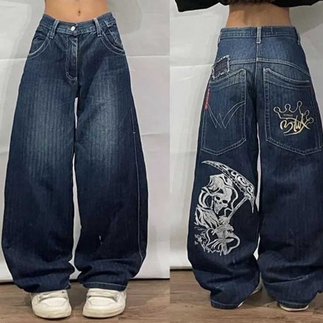 Grunge Death Lord Print Baggy Jeans, Hip Hop Streetwear Oversized Jeans ...