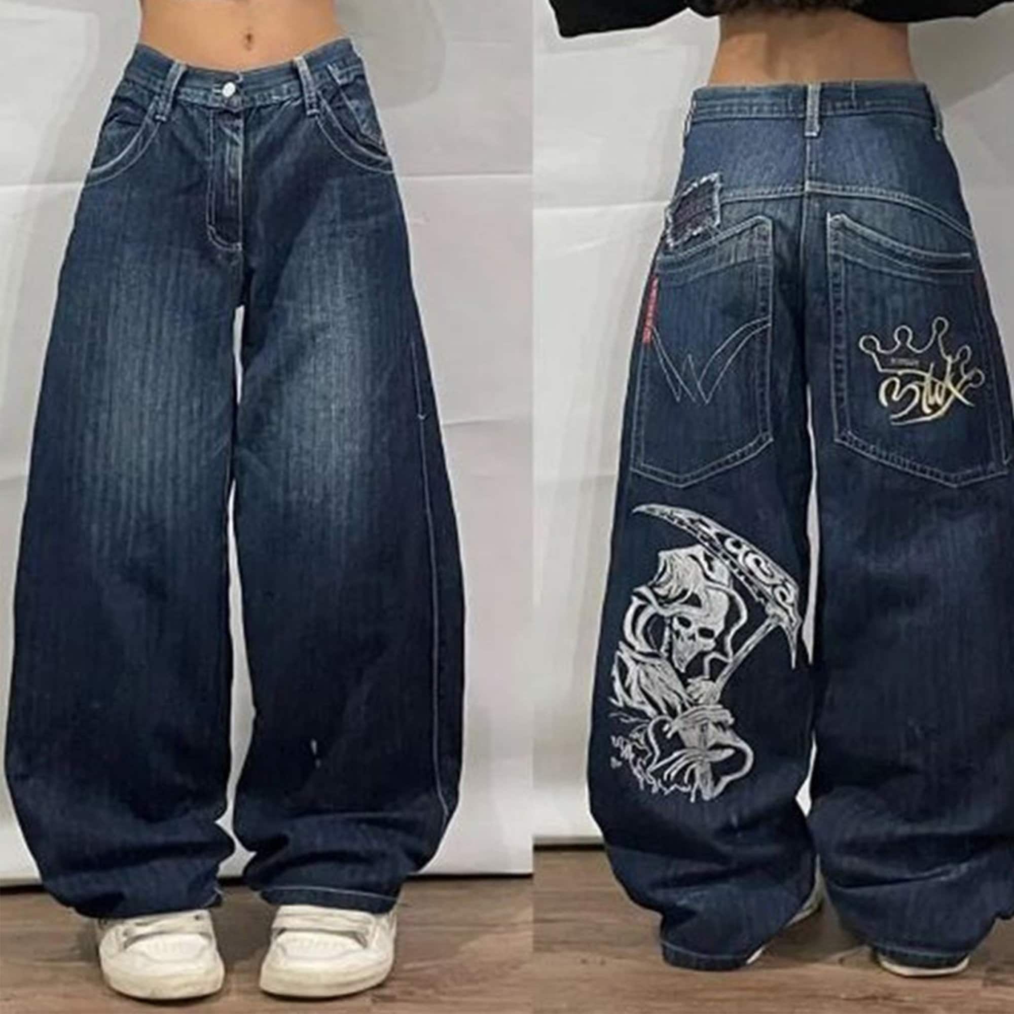 Grunge Death Lord Print Baggy Jeans, Hip Hop Streetwear Oversized Jeans ...