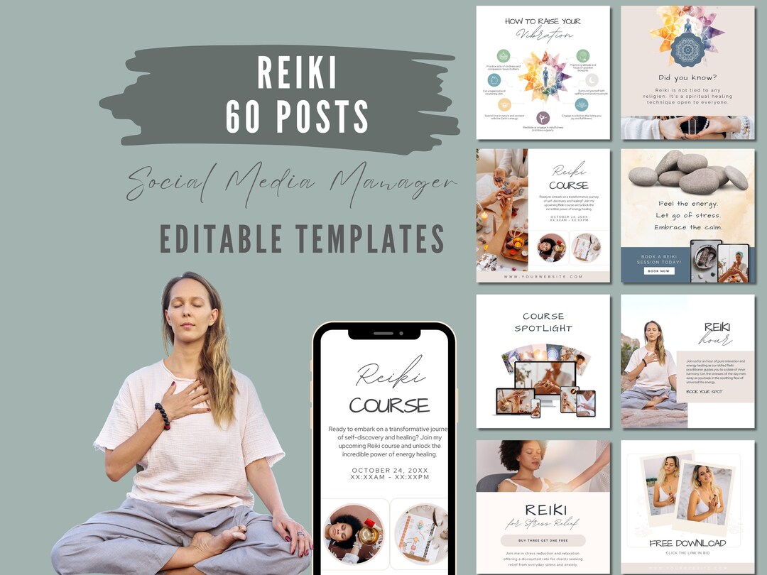 Reiki Social Media Templates, Wellness Coach Posts (60 Editable CANVA ...