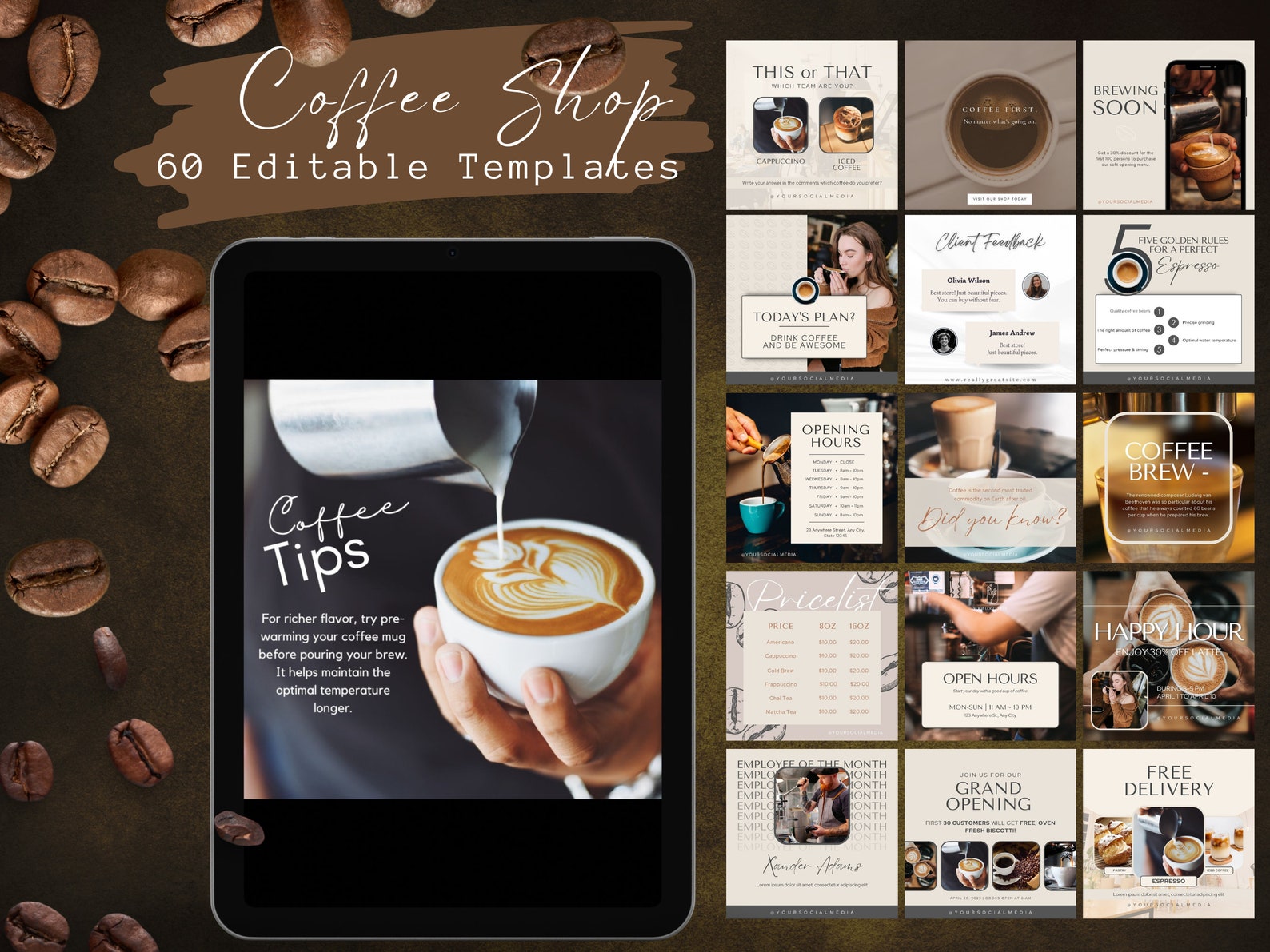 60 Coffee Shop Barista Social Media Post, Canva Editable Template ...